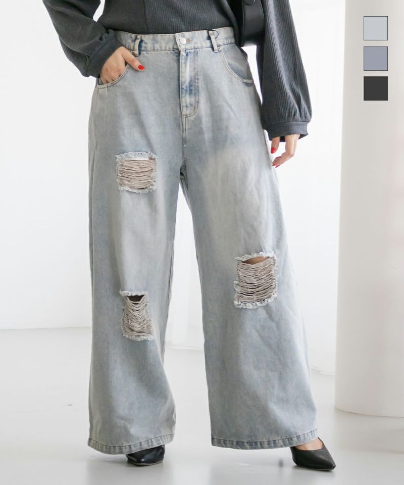 CLETTEオリジナルダメージデニムワイドパンツ | 大きいサイズ レディース専門店 CLETTE(クレット)【公式】
